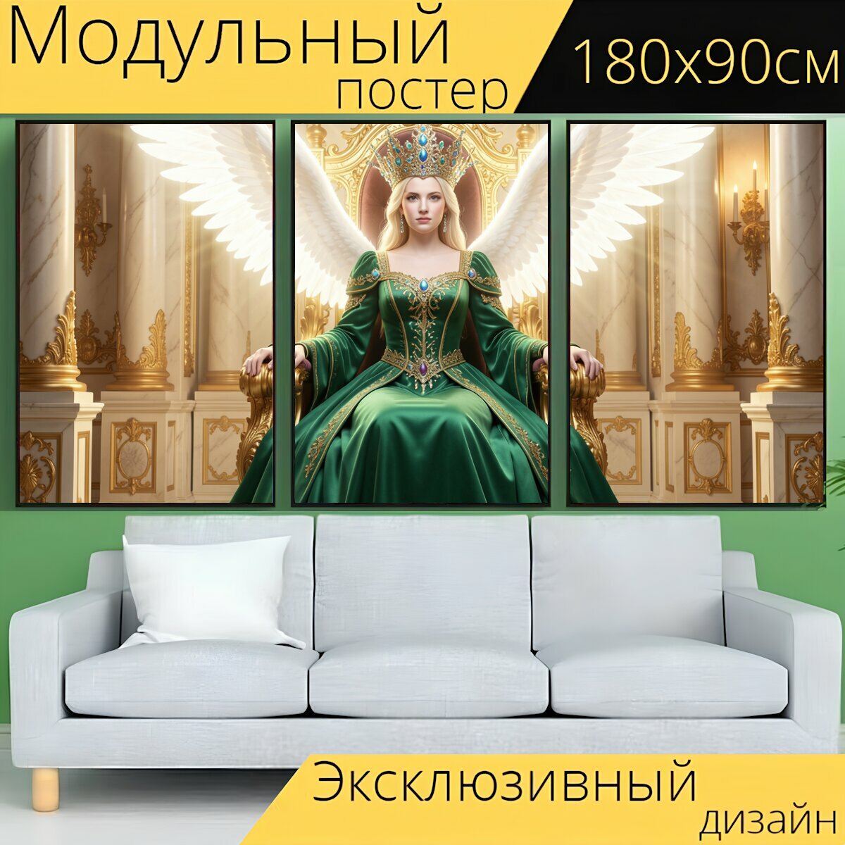 Модульный постер "Ангельская королева в тронном зале. Величественная девушка с белоснежными крыльями и золотой короной в роскошном." 180 x 90 см. для интерьера на стену в тубусе