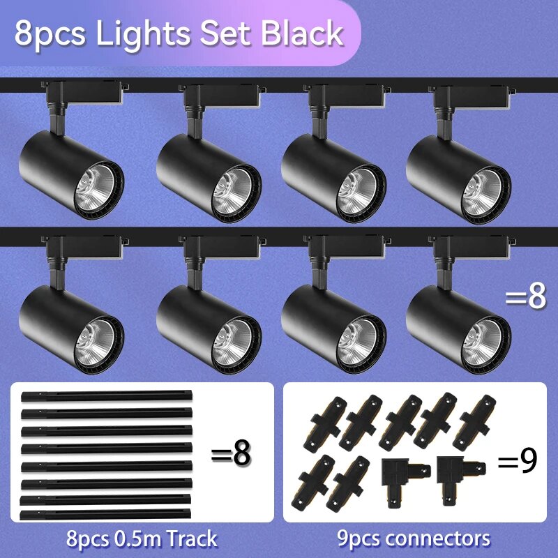 Комплект светодиодных трековых спотов Led Track Lighting 12W 20W 30W 40W, рельсовые лампы, потолочные точечные светы для кухни, магазина, гостиной, дома — черный, 1 комплект из 8 штук