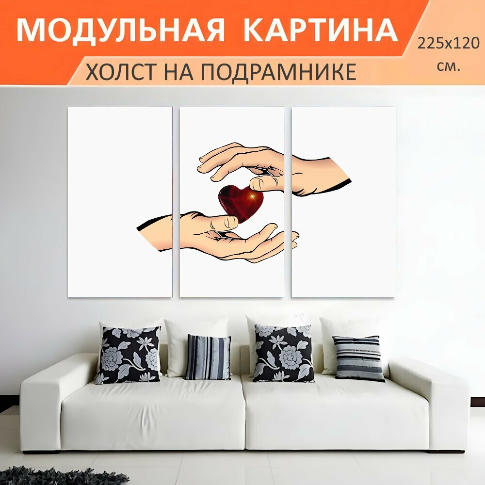 Модульная картина на холсте "Руки, сердце, защита" триптих на подрамнике 225х120 см. для интерьера