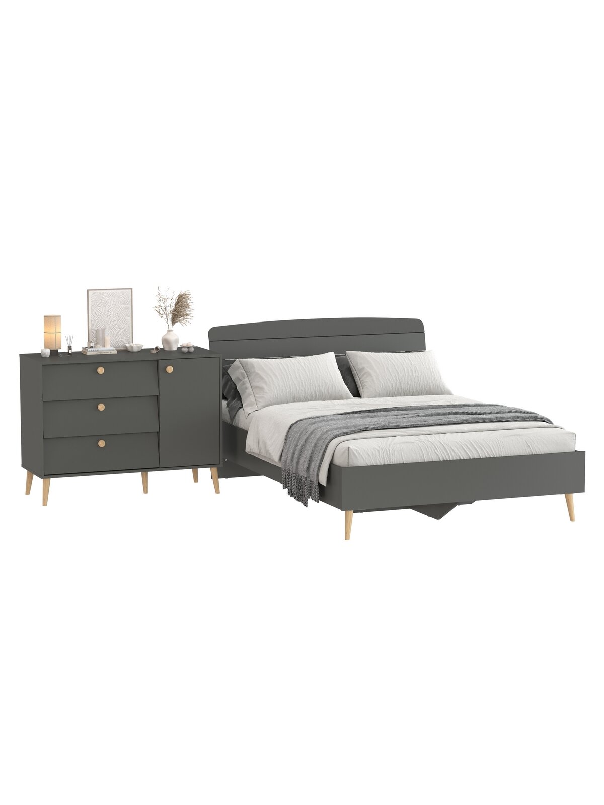 Комод на ножках Афина и кровать двуспальная, цвет графит, 2 предмета