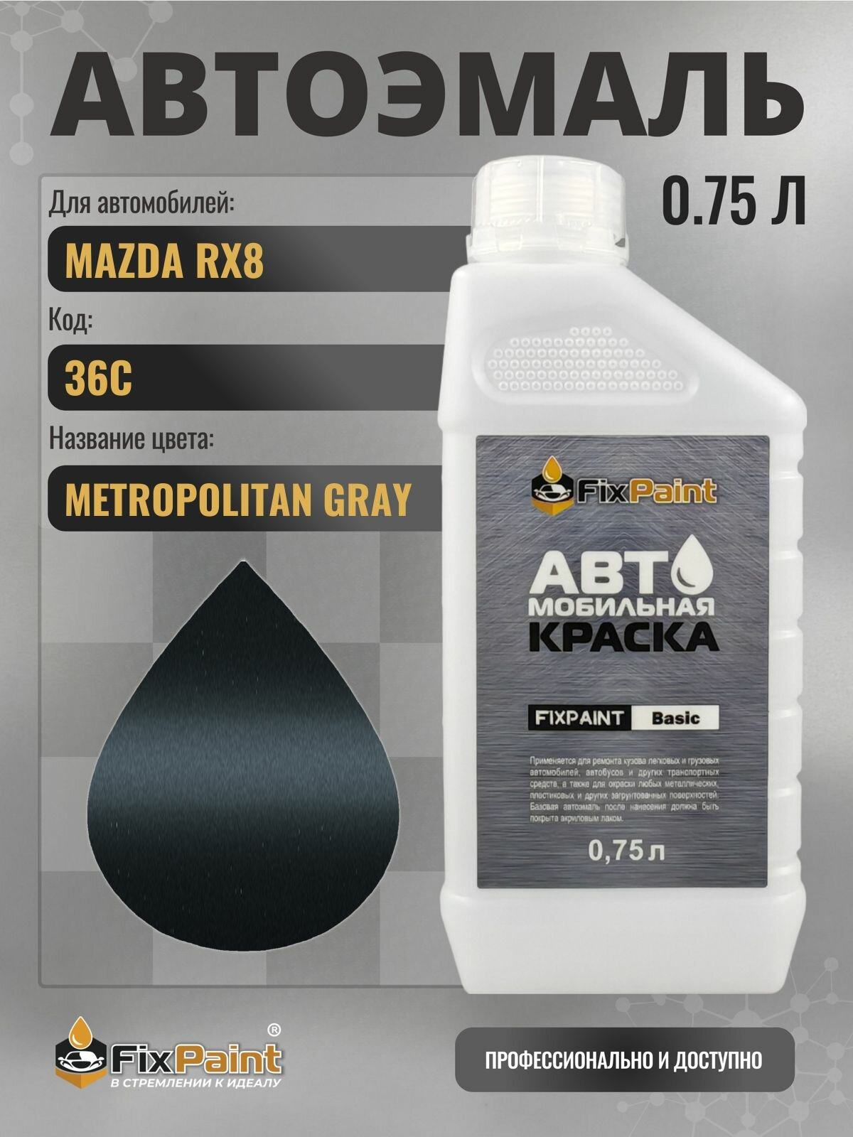 Краска для MAZDA RX8, код 36C, METROPOLITAN GRAY, автомобильная эмаль базовая под лак FixPaint Basic в канистре, 0,75 л