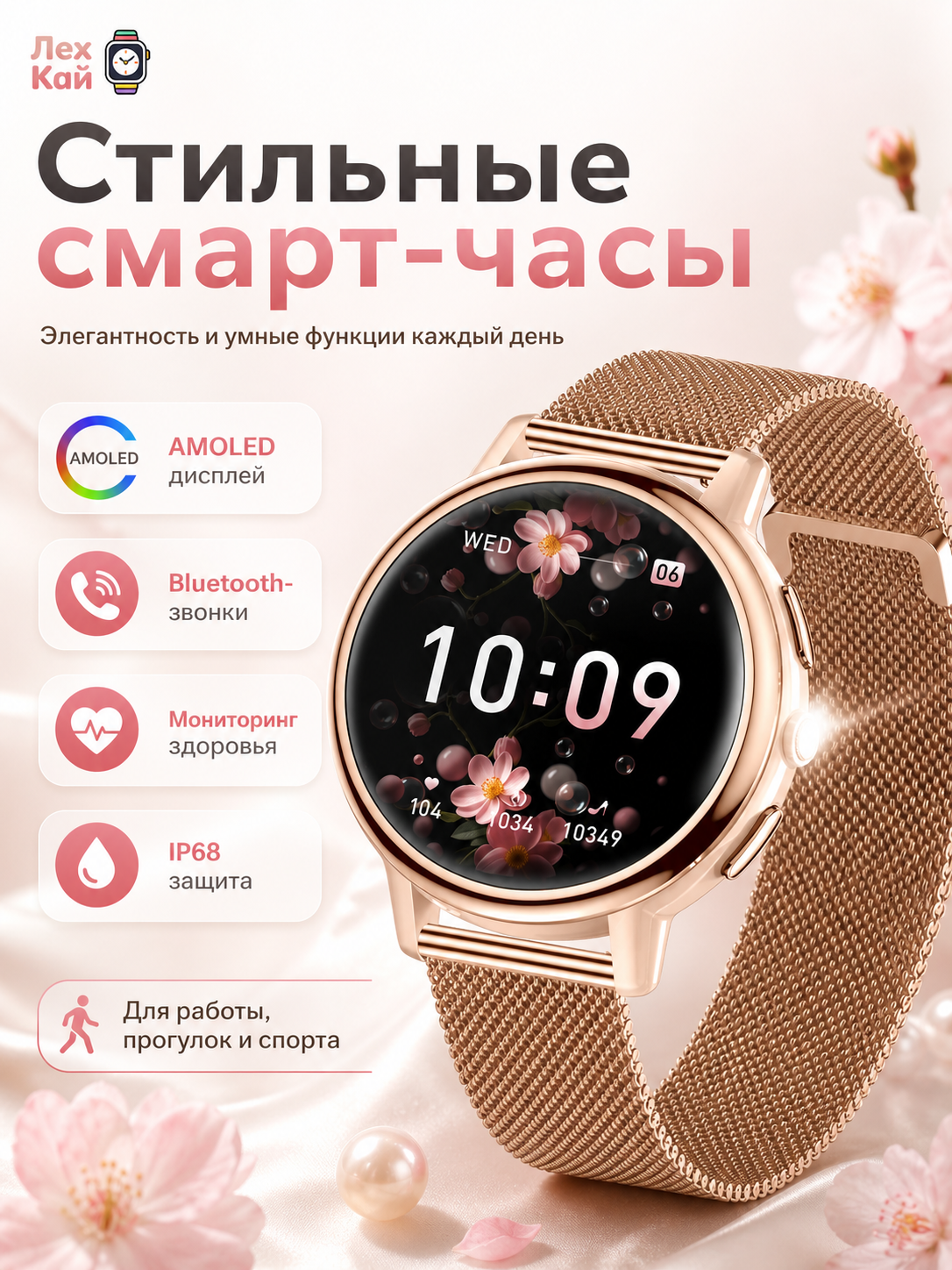 Смарт-часы Лех Кай, для женщин, мониторинг здоровья, экран AMOLED, фитнес-трекер, 1.26", золото