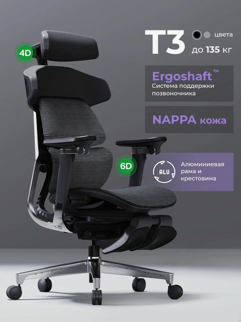 Кресло компьютерное эргономичное ортопедическое для дома и офиса Ergostul T3 Black