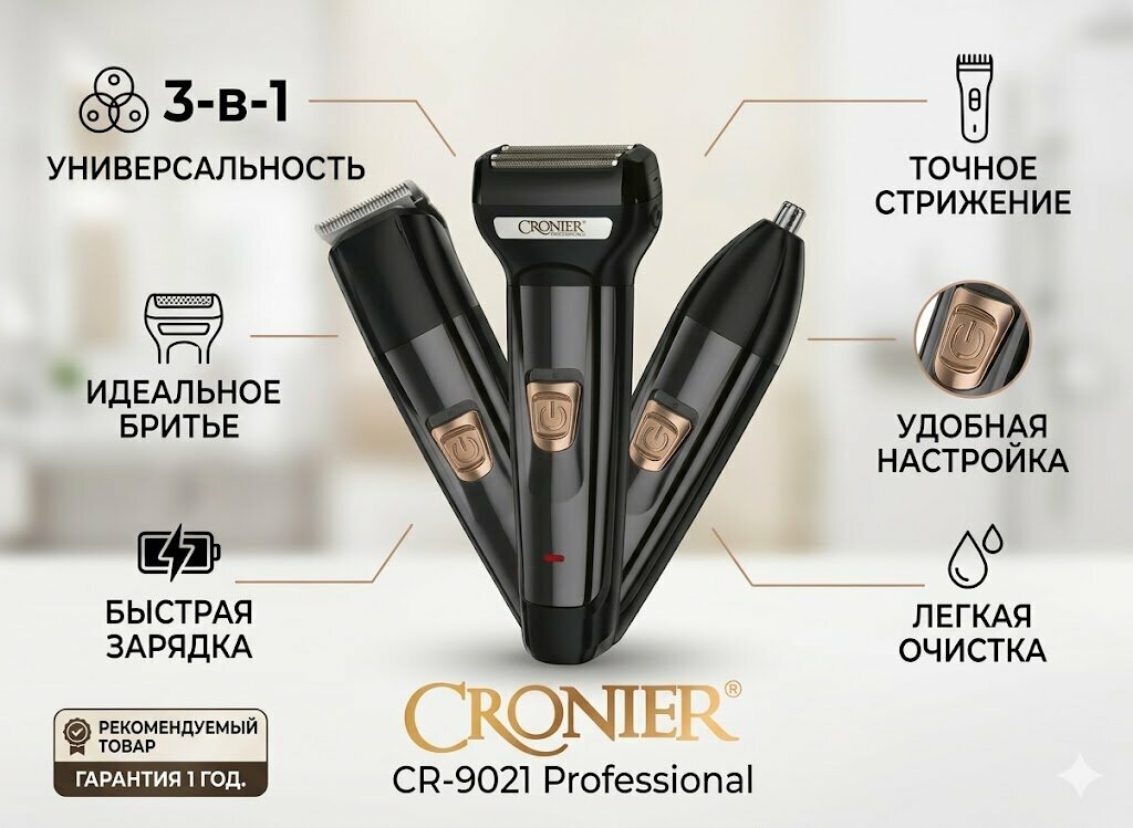 Профессиональный мужской триммер ElektroBit для бороды, усов и носа, универсальная аккумуляторная бритва 3 в 1.