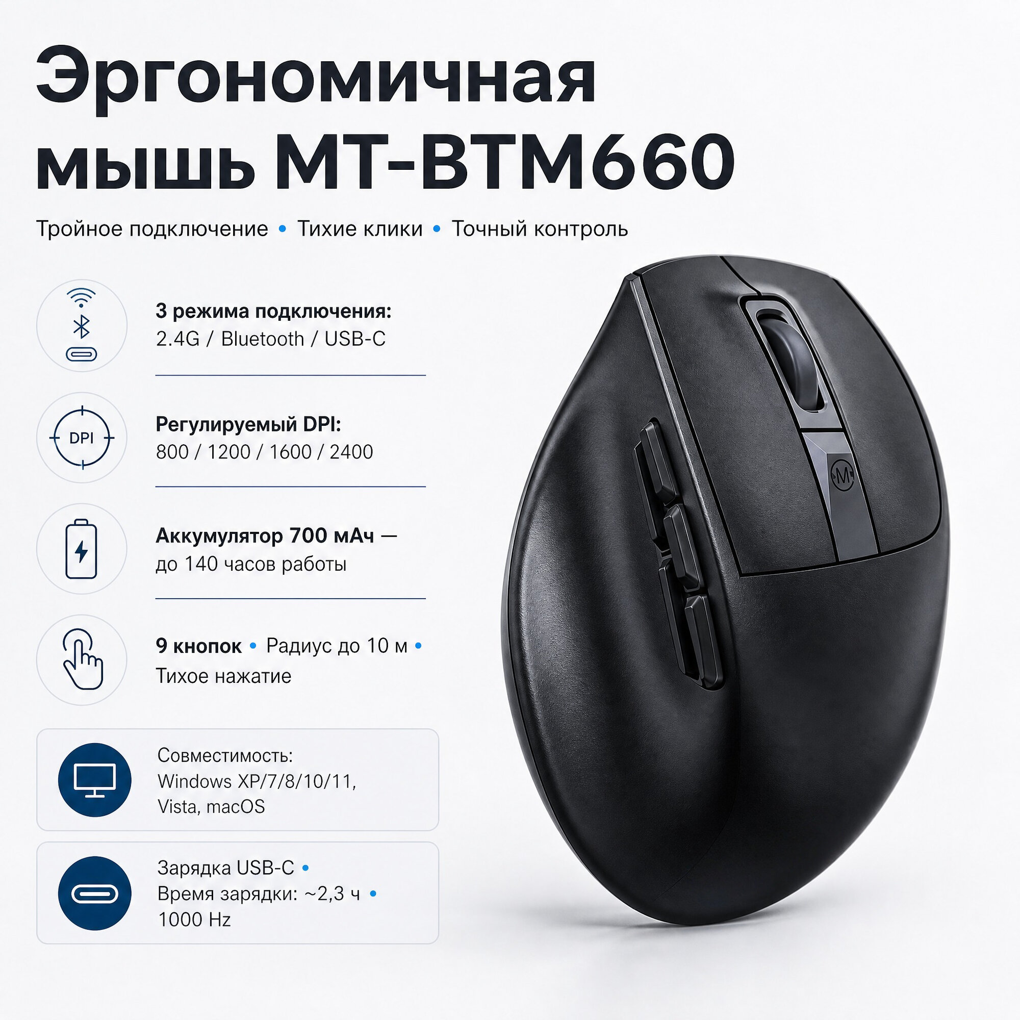 Мышка беспроводная игровая BTM660 Эргономические 2400dpi для компьютера и ноутбука, подсветкой, бесшумная, USB+BT