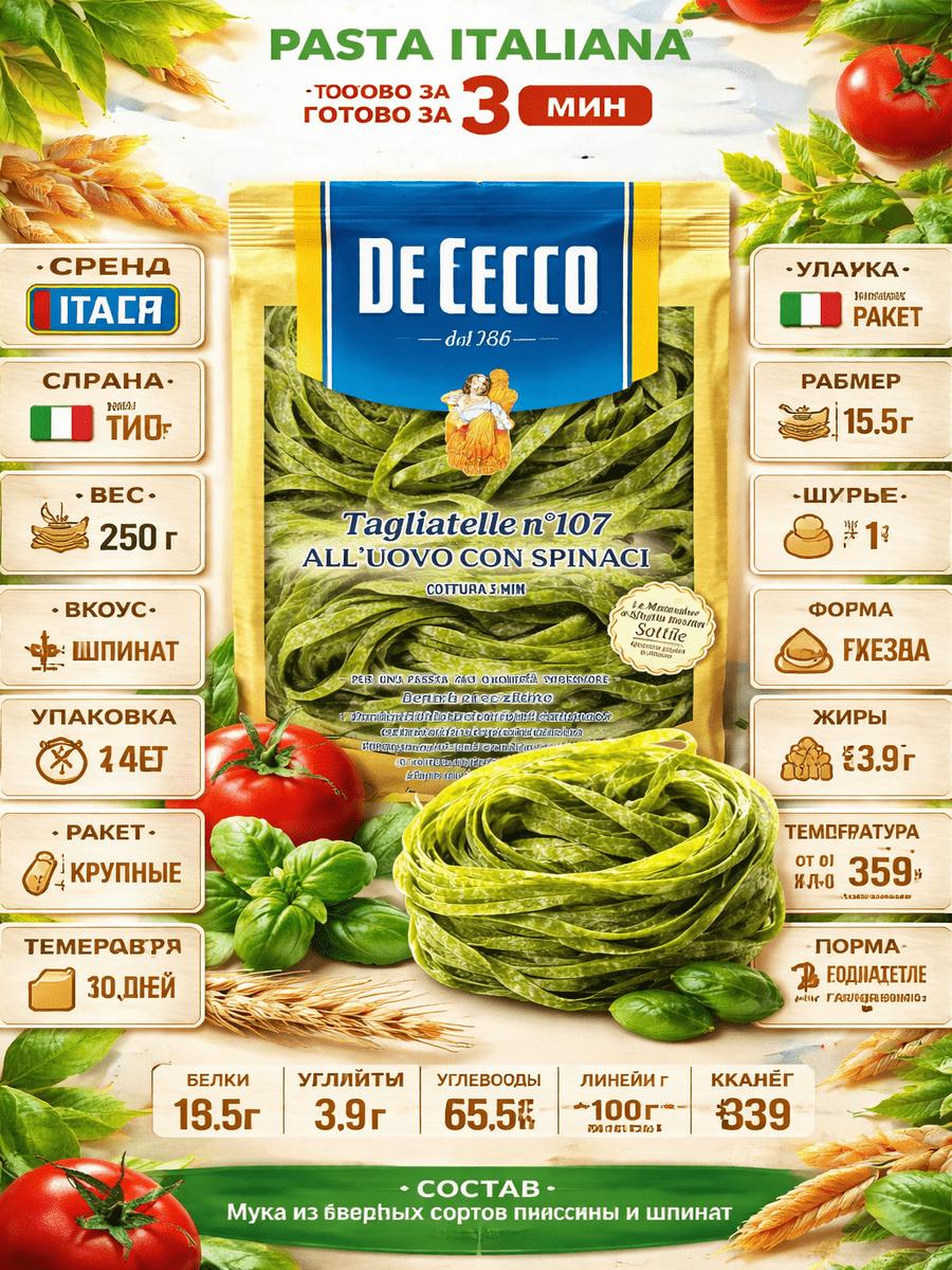 Макароны гнезда De Cecco Tagliatelle №107 шпинатные, 250г