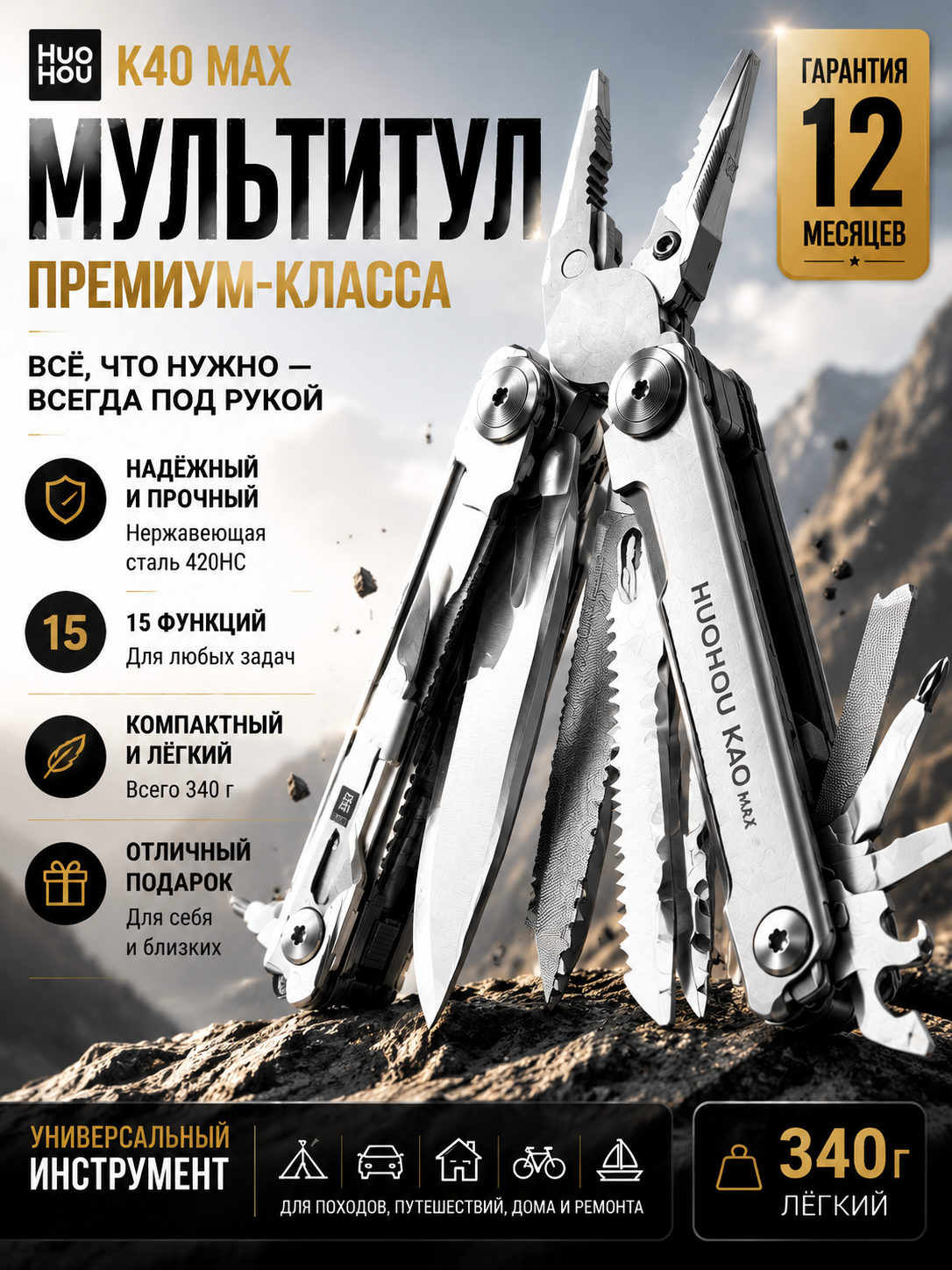 Мультитул HuoHou K40 MAX 20 в 1, складной многофункциональный инструмент для похода, кемпинга и авто