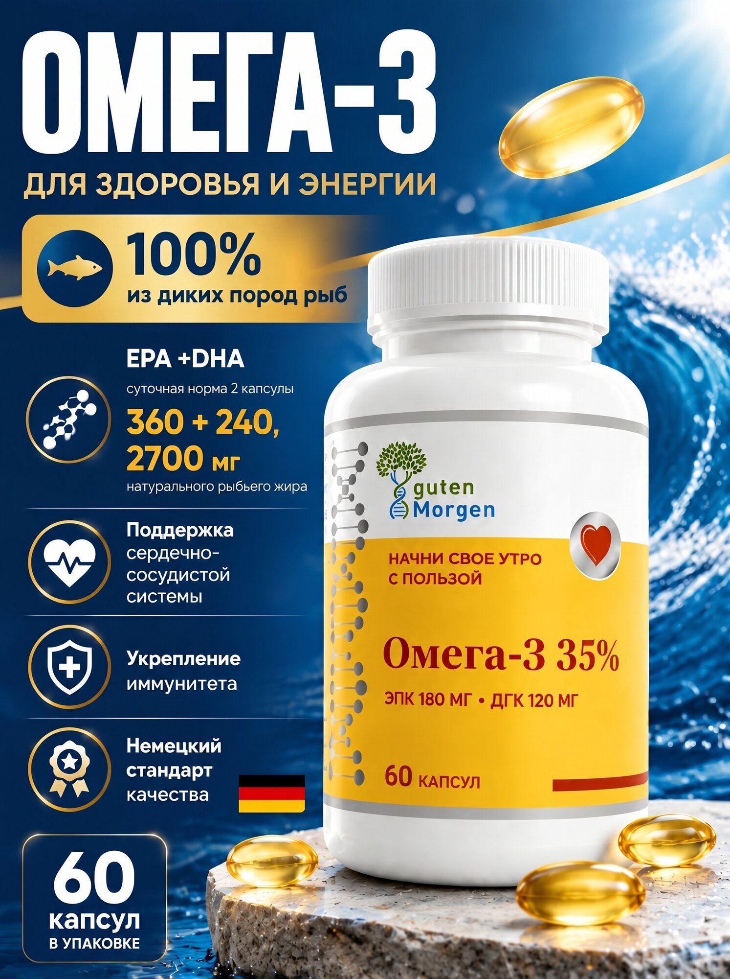 Омега 3 в капсулах 1350 мг рыбий жир, витамины для женщин и мужчин, omega 3