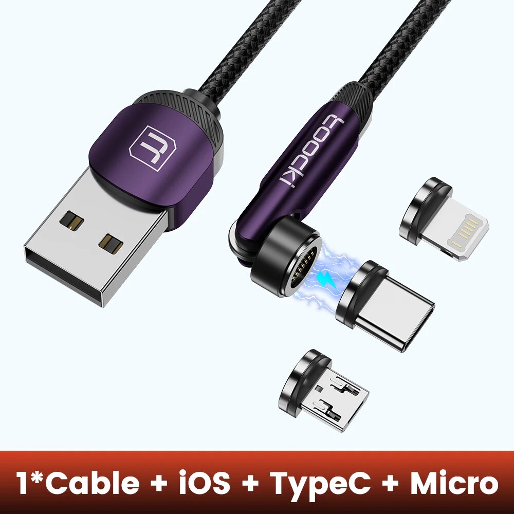 Вращающийся На 540 Градусов Магнитный Кабель Toocki, 3A, Быстрая Фиолетовый, Purple 2m 3 Plug