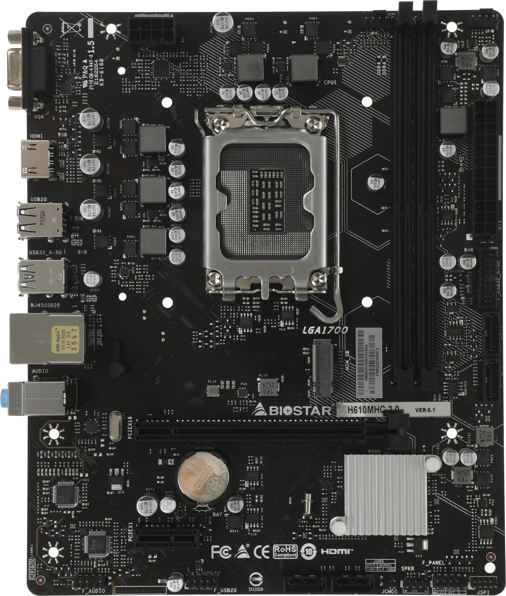 Материнская плата Biostar H610MHC 2.0 Soc-1700 Intel H610 DDR4 mATX AC`97 8ch(7.1) GbLAN RAID+VGA+HD