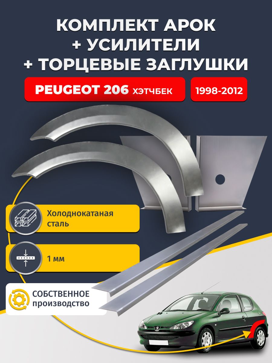 Комплект ремонтных задних арок (0,8 мм) + торцевые заглушки (1 мм) + усилители (1 мм) на Peugeot 206 1998-2012 Хэтчбек 3 двери (Пежо 206). Холоднокатаная сталь