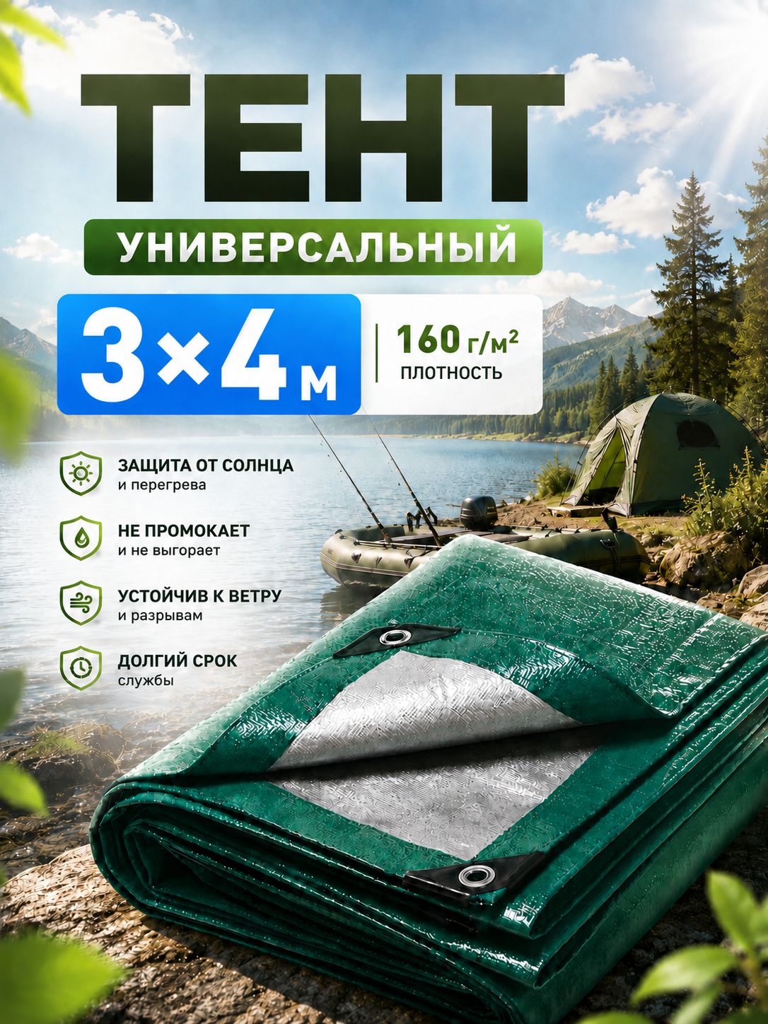 Тент 3х4 укрывной с люверсами 160 г/м универсальный влагозащитныйтный