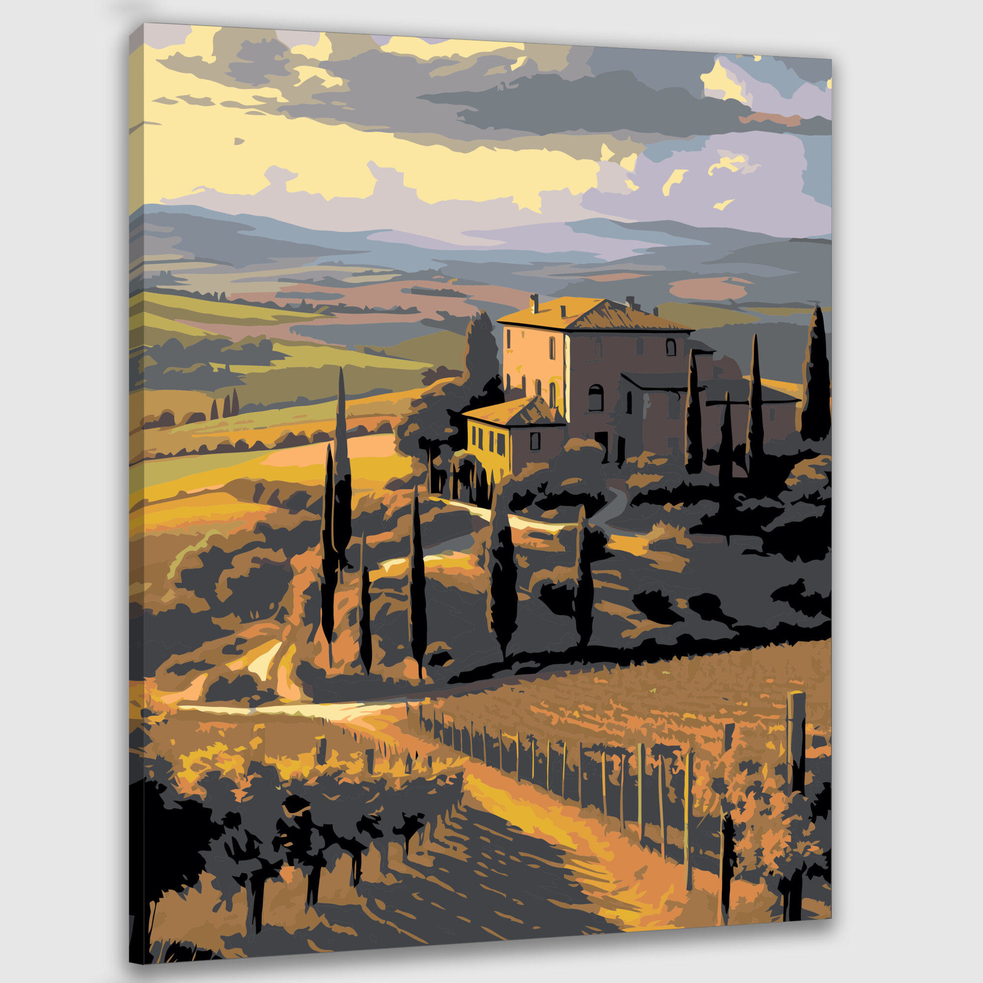 Картина по номерам 40x50 см, Тоскана, виноградники, фермерские домики, заходящее солнце, идиллическая красота, холмы