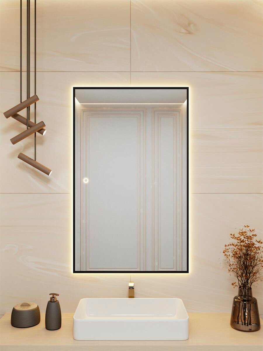 Зеркало настенное 110х70 см. BLX MIRROR с подсветкой в ванную сенсорное в алюминиевой раме, Черное