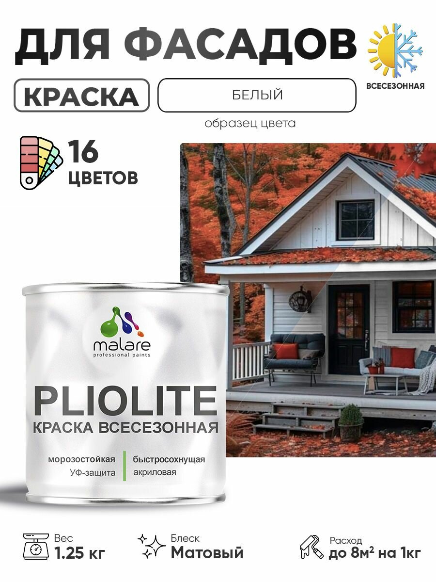 Краска-эмаль Pliolite всесезонная, зимняя, для всех типов поверхностей, антикоррозионная, RAL 9003, белый, матовая, 1,25 кг.