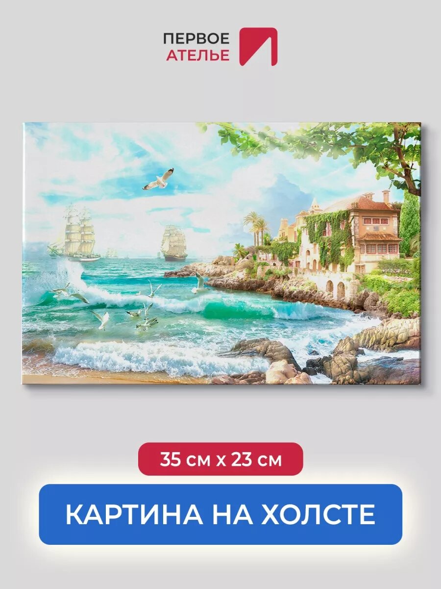 Картина на стену на холсте для интерьера первое ателье "Южный городок на берегу лазурного моря" 35х23 см (ШхВ), на деревянном подрамнике Premium