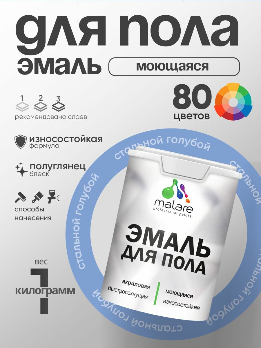 Эмаль Malare для пола акриловая, экологичная без запаха, износостойкая, быстросохнущая, моющаяся, полуглянцевая, стальной голубой, 1 кг