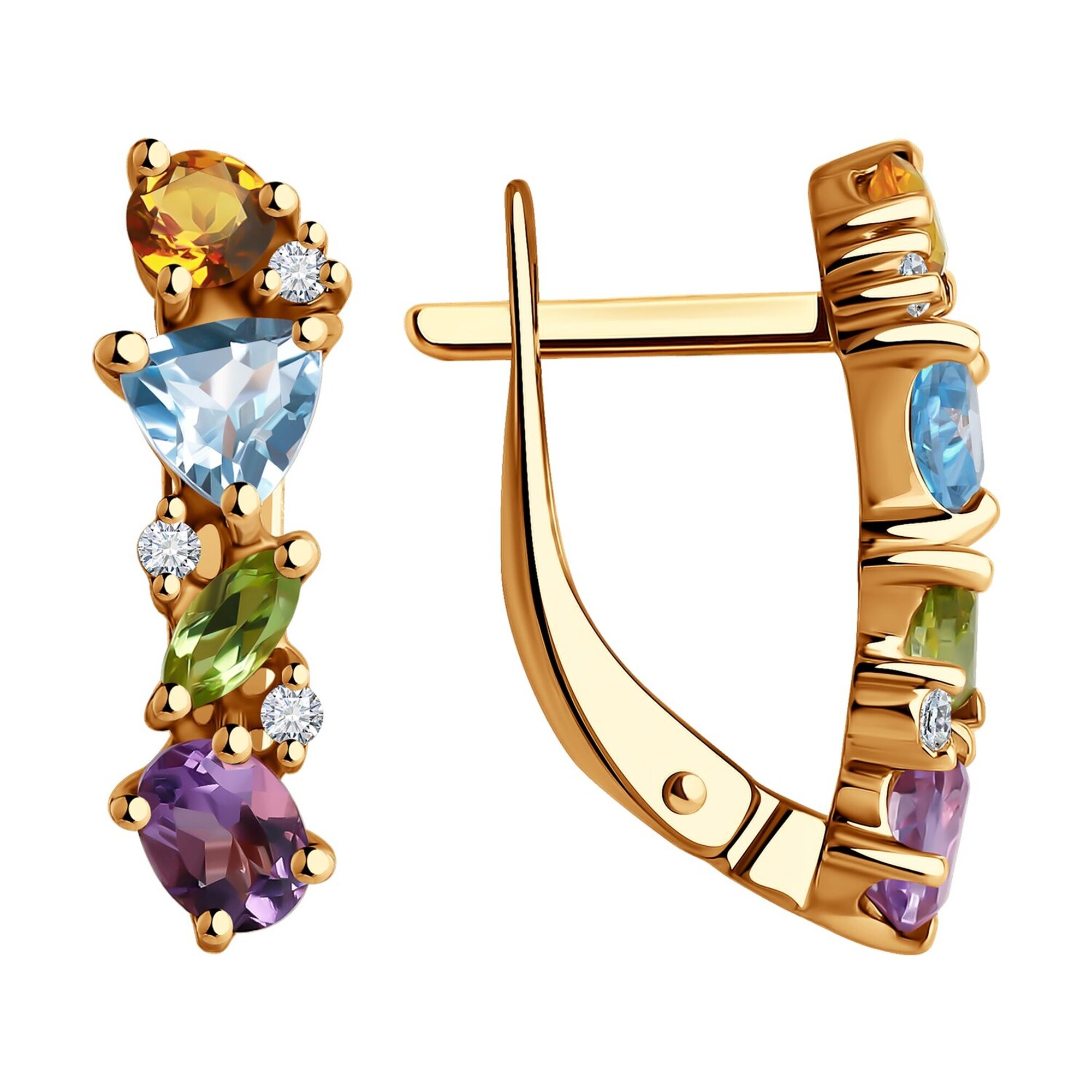 Серьги Diamant online, красное золото, 585 проба, аметист, топаз, цитрин, фианит, хризолит