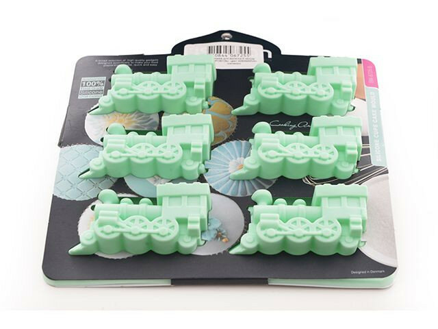 6725 FISSMAN Форма для выпечки 6 кексов паровозы 22x20x2.5 см, цвет аквамарин (силикон)