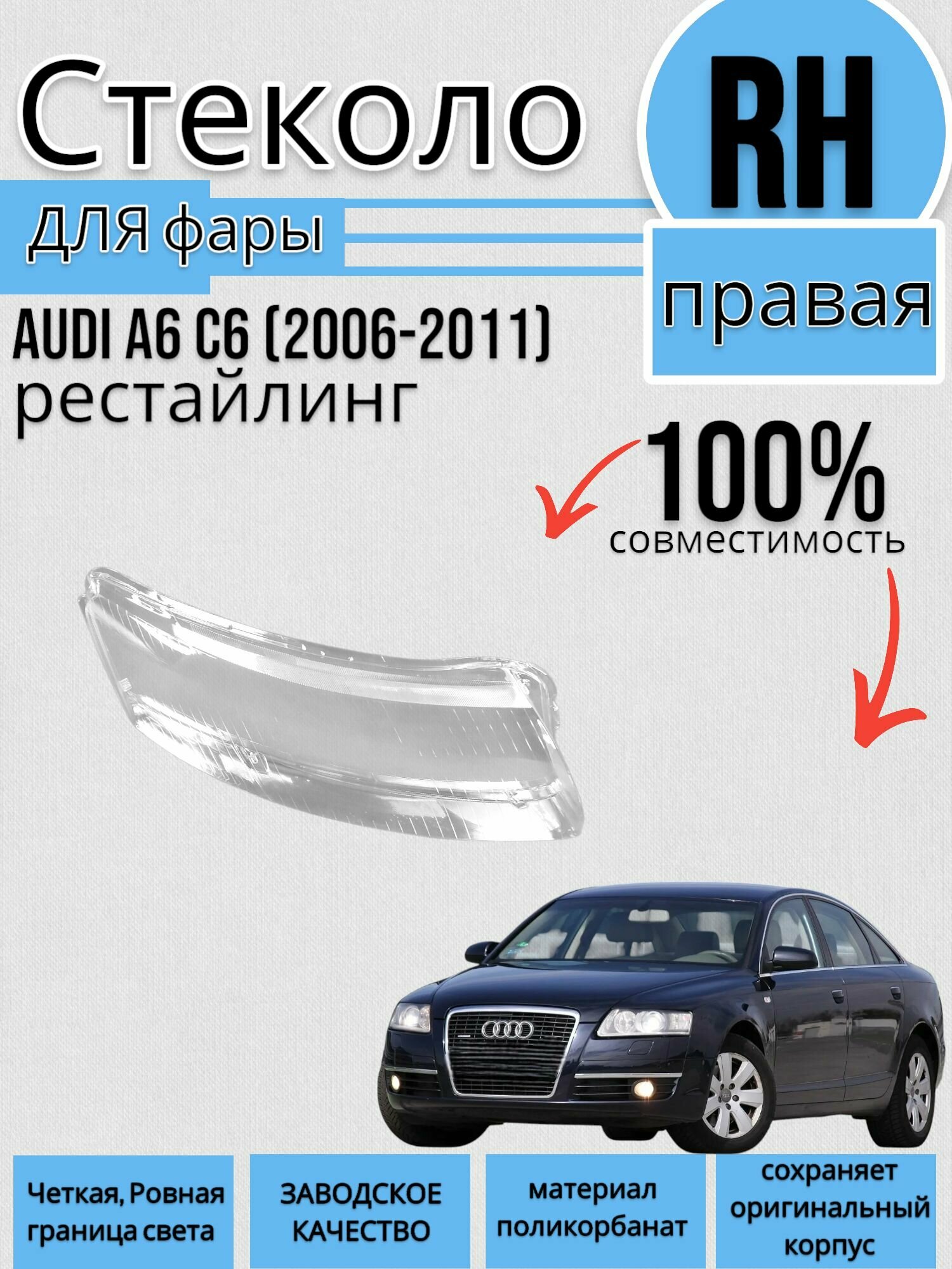 Стекло фар Audi A6 Ауди C6 (2006-2011) рестайлинг правое