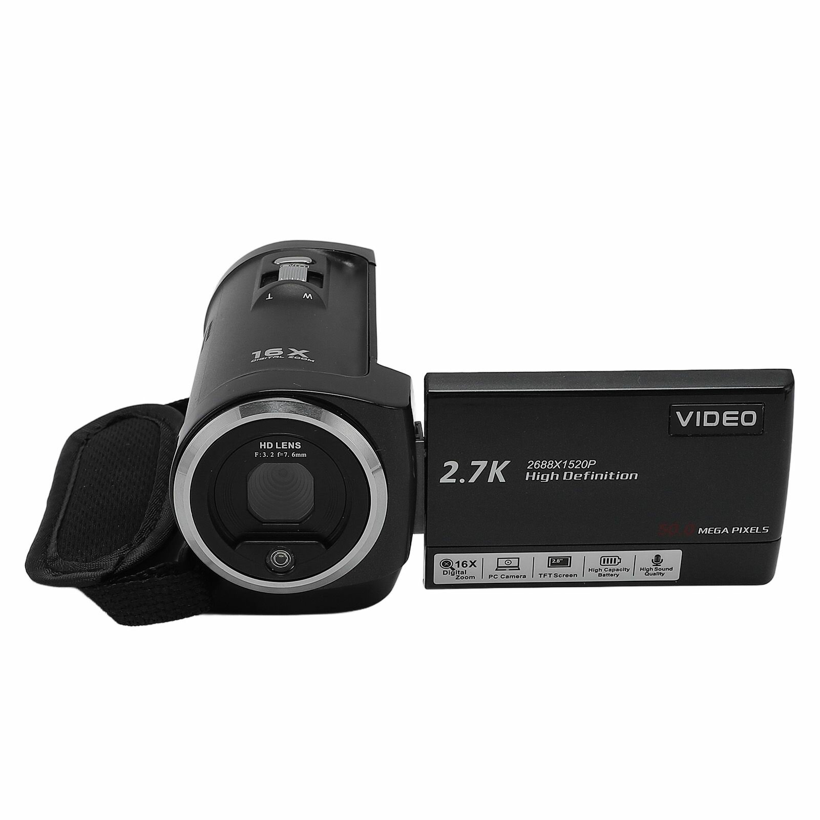 Видеокамера-камкордер 50MP с 2.7K HD, 16-кратным цифровым зумом и поворотным экраном 2.8 дюйма, для путешествий, с USB и 16 ГБ памяти