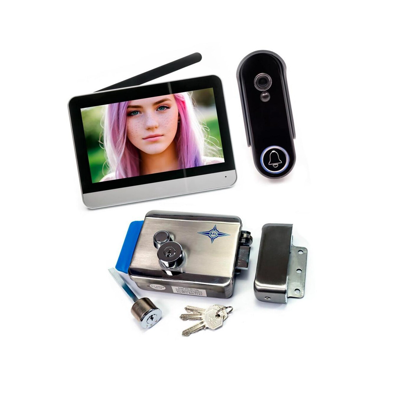 Комплект радиоканальный видеодомофон с записью на SD и замком - Sky Net 900 + AX091-SDcard: HD монитор 7 дюймов и вызывная панель с камерой 2mp, плюс