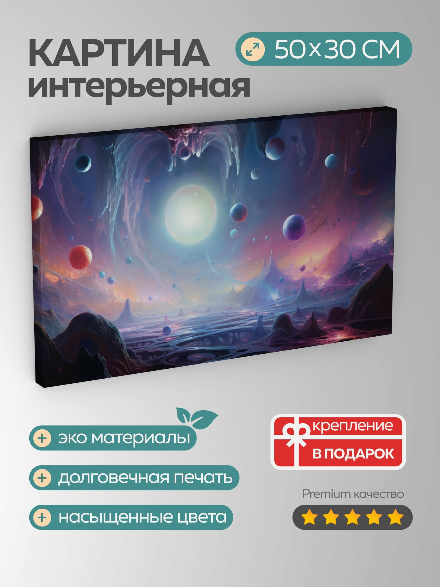 Картина на холсте интерьерная 50х30 см, цифровая картина, планеты, космос, призрачные формы, неземные, полупрозрачные