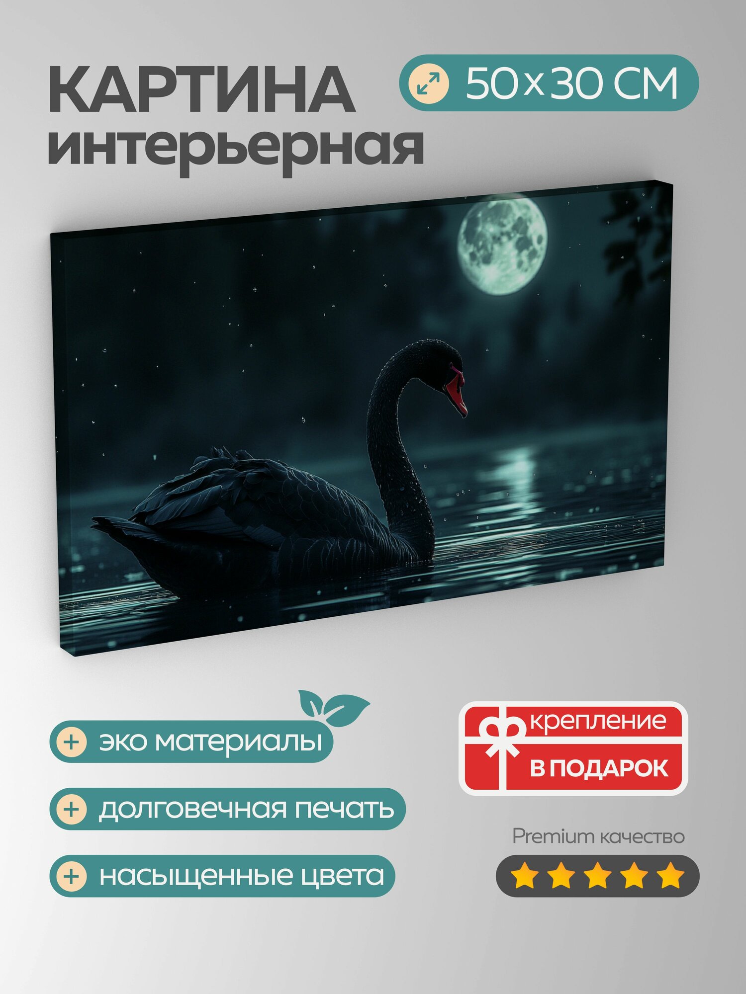 Картина на холсте интерьерная 50х30 см, Черный лебедь, лунная ночь, контраст, изящная форма, отражение в воде