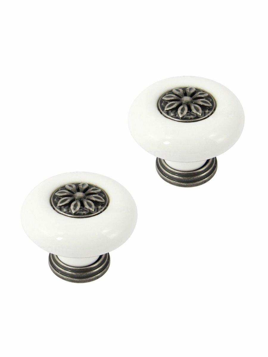 Ручка мебельная кнопка AMIX (Польша) белый фарфор + серебро с чернением (комплект 2 шт.)