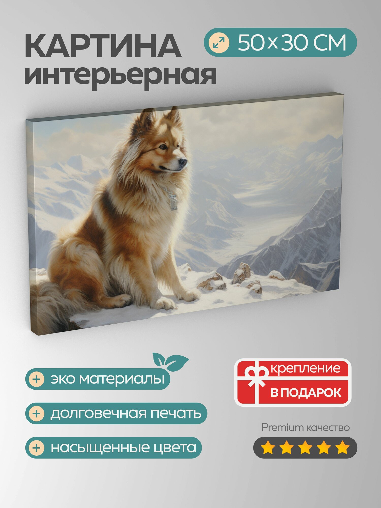 Картина на холсте интерьерная 50х30 см, картина, масло, царственная собака, шпиц, позирование, заснеженные горы, грация