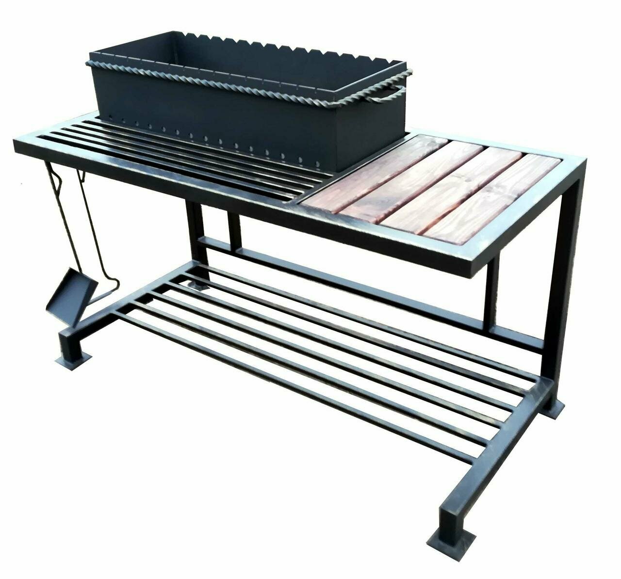 Мангал в стиле лофт (LOFT) с дровницей и столиком из дерева, 3 мм, для дачи и дома, ручная работа "Классика 80см"