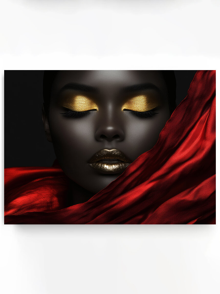 Картина интерьерная на стену - "Африканская женщина в золоте, лицо негритянки", 50х70 см.