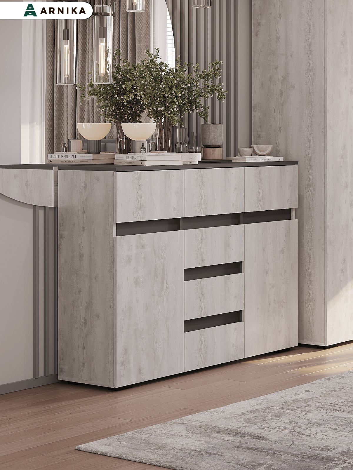 Комод ARNIKA "Мрия", ЛДСП, с ящиками, универсальный, серый, 120х37х97 см