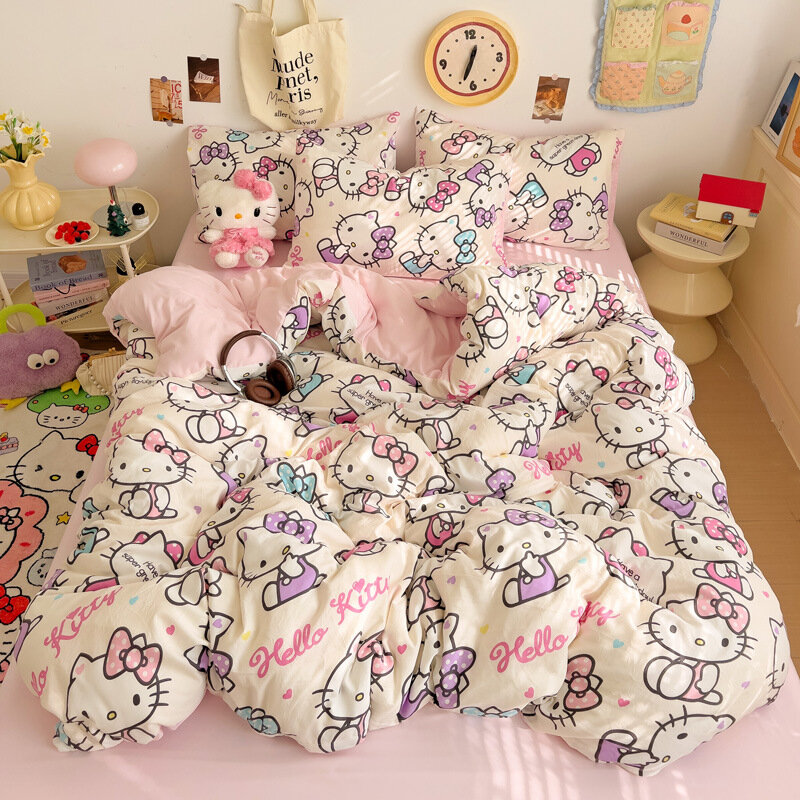 2025 Новый стиль, постиранное хлопковое мультяшное стеганое одеяло Sanrio, комплект из четырех предметов, студенческая кровать, комплект из трех предметов, комплект простыней, домашний красочный kt 2 * 2,3 м, односпальное стеганое одеяло