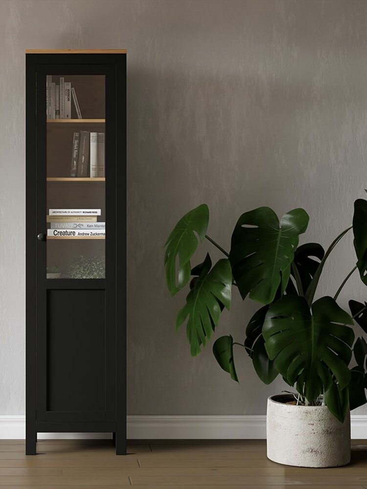 Шкаф-витрина Кымор с полками, 49х37х198 см, Черный / Светло-коричневый, Стекло/Панель