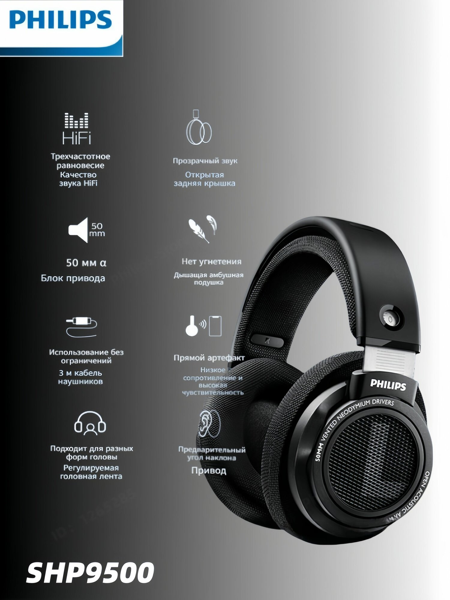 Philips Наушники проводные SHP9500, 3.5 мм, 6.3 мм, черный, серый