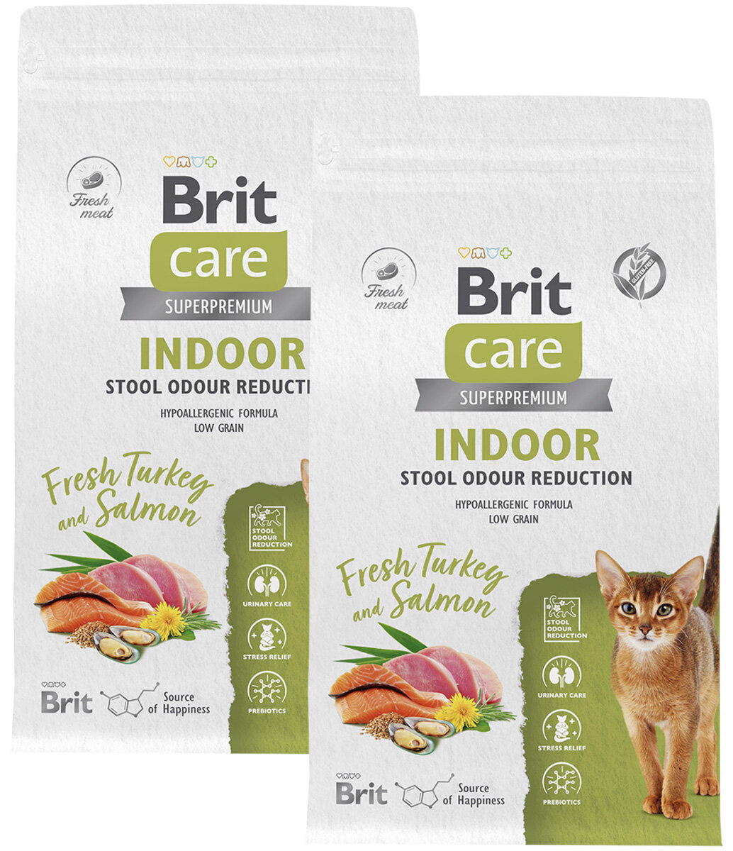 Сухой корм BRIT CARE CAT INDOOR STOOL ODOUR REDUCTION для взрослых кошек живущих дома с индейкой и лососем (1,5 + 1,5 кг)