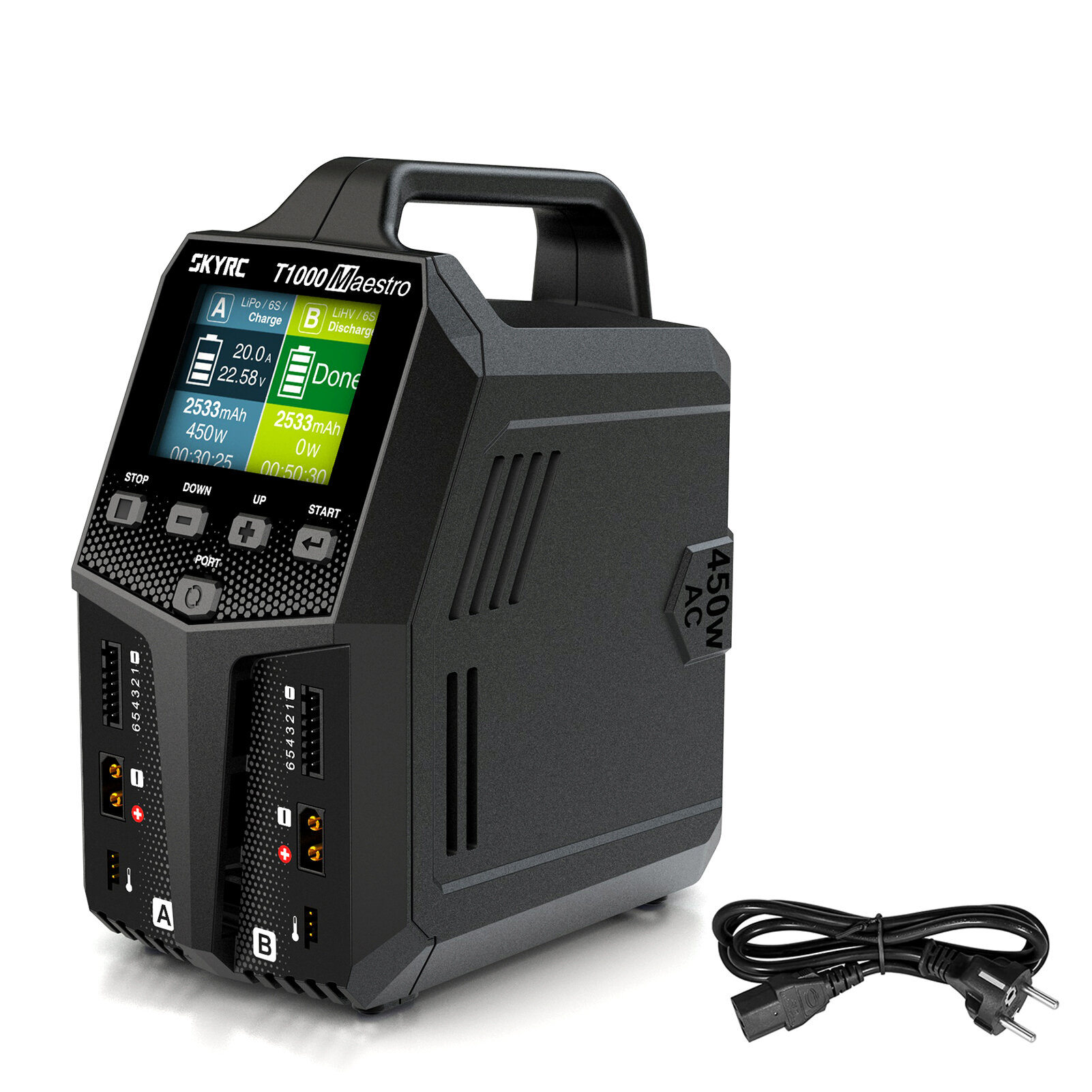 Зарядное устройство T1000 Maestro, двухстороннее балансировочное зарядное устройство AC/DC 450W 1000W для радиоуправляемых моделей, черное, евроконструкция