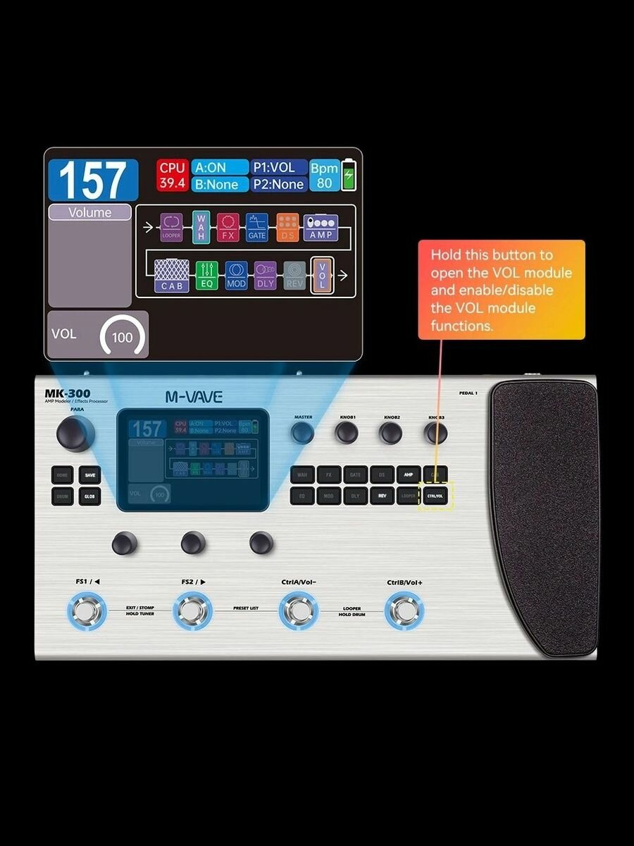 M-VAVE MK-300 Процессор Мультиэффектов 120AMP/360FX, Лупер 300с, 10ч Работы