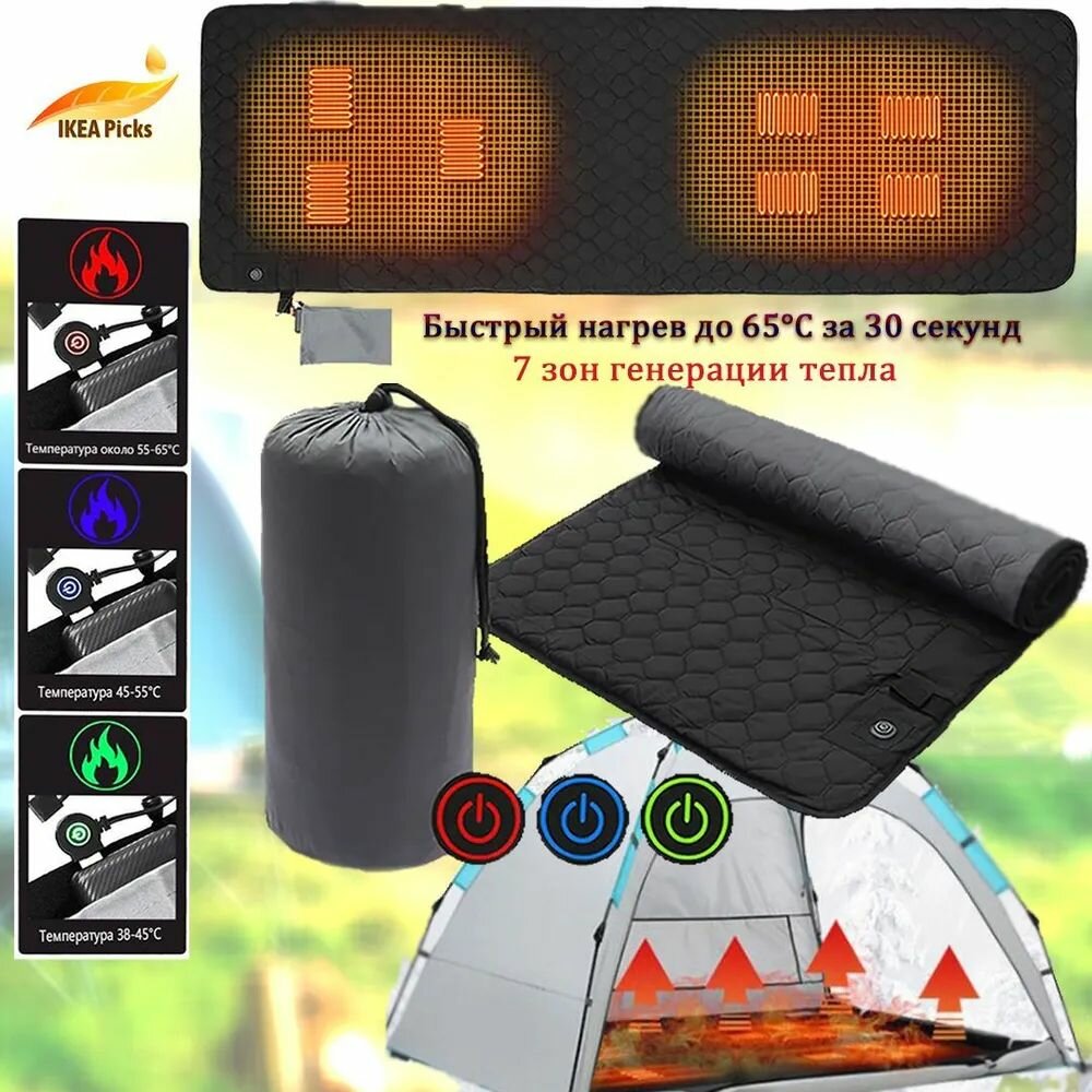 Обогреваемый мат для туризма и спорта: 7-зонный подогрев для сидения и сна, защита от холода в походе