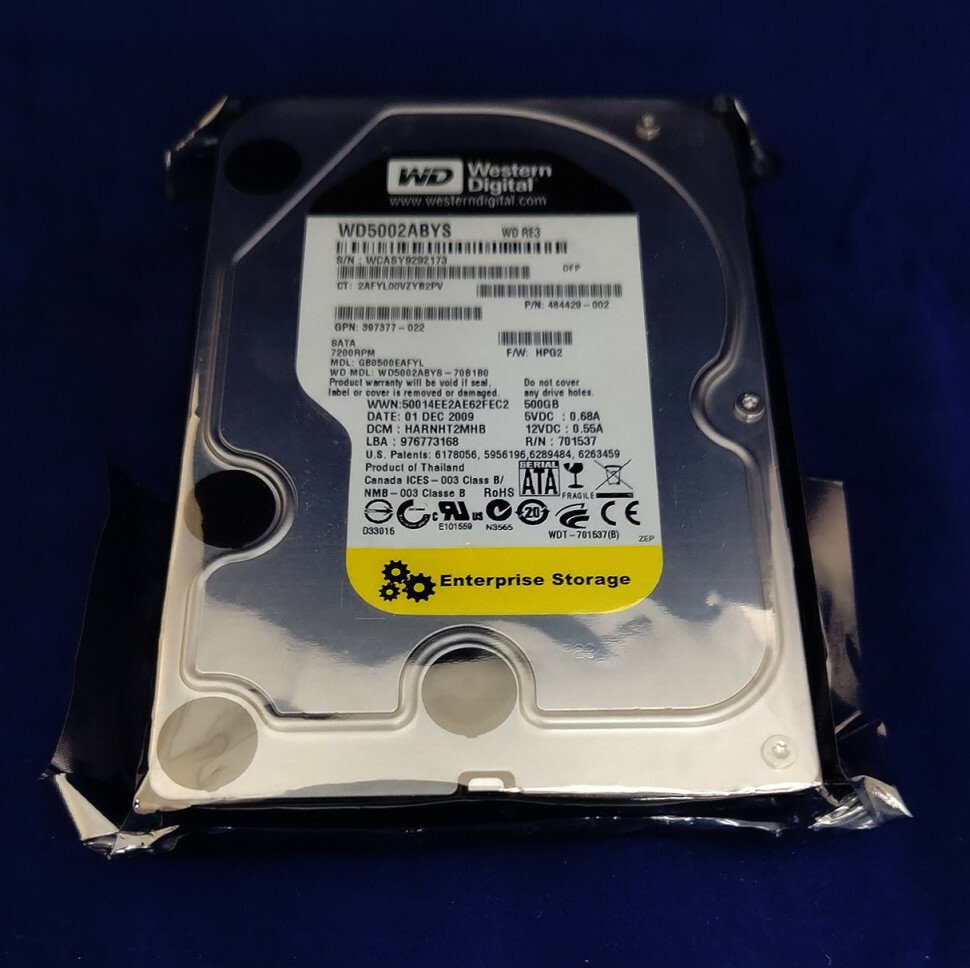 Жесткий диск Western Digital WD RE3 WD5002ABYS, 500 Гб, 16 МБ, 7200 об/мин.
