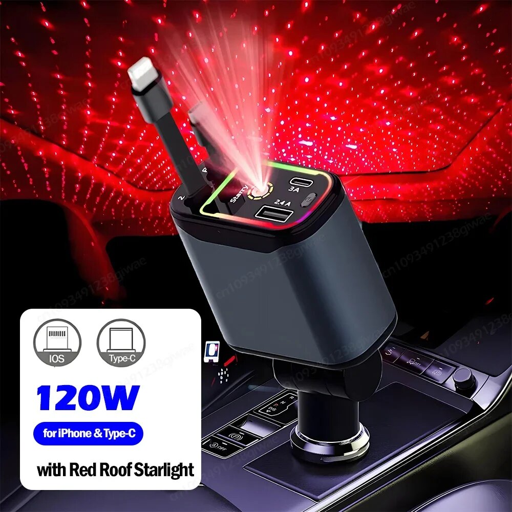 Новый выдвижной автомобильный адаптер для зарядного устройства для телефона мощностью 120 Вт со звездным светом, автомобильное зарядное устройство USB-C с быстрой зарядкой 4-в-1, для iPhone, Samsung, Huawei X3-TypeC-iPhone