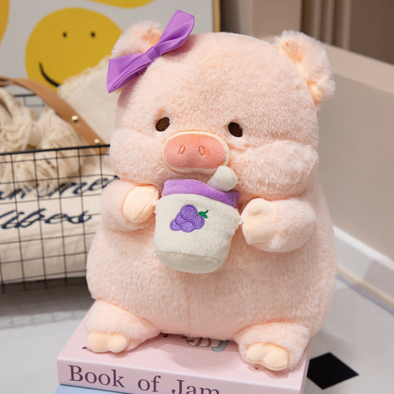 Lovely pink pig plush doll with various fruit hat designs ideal for soft toy collection