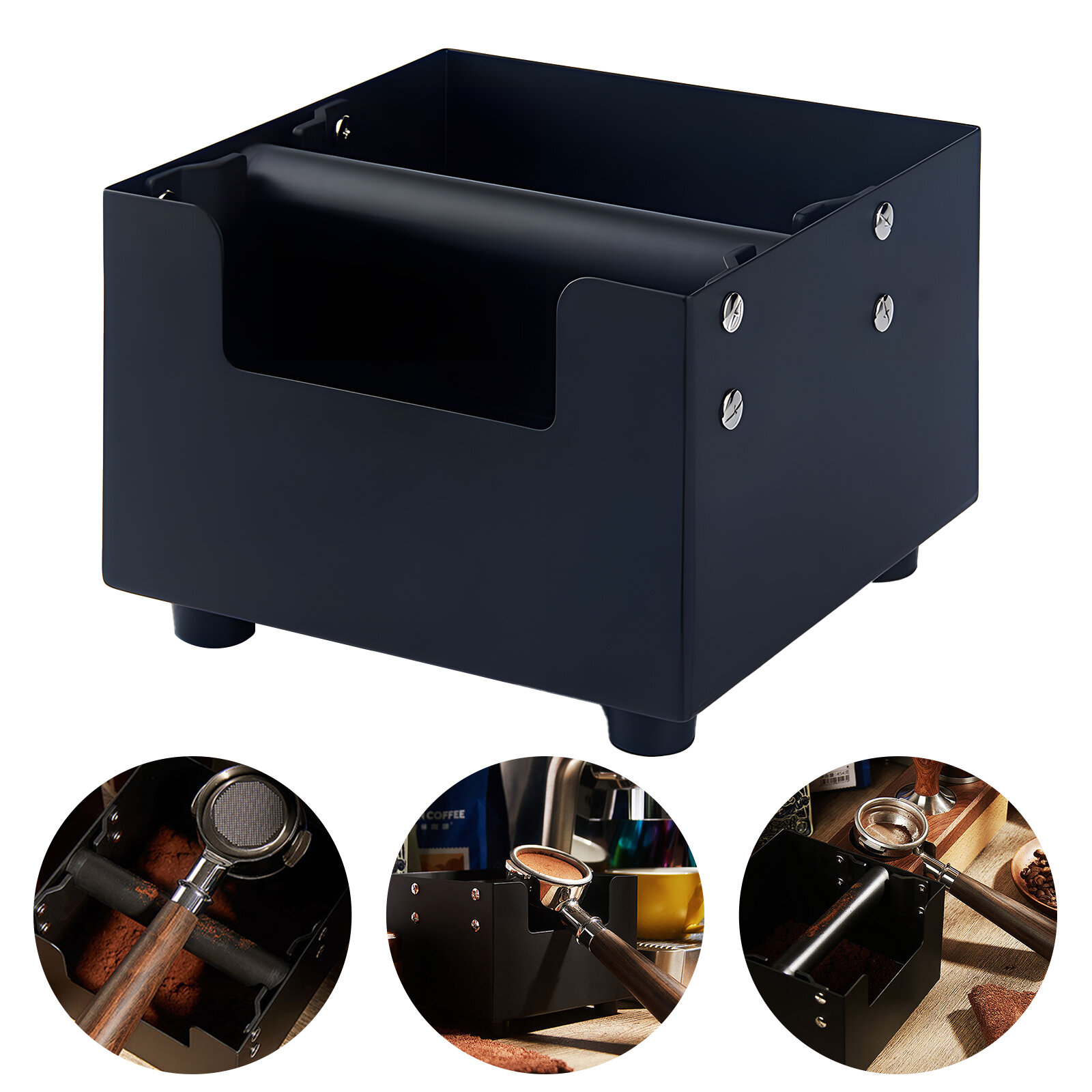 Кофейный бокс для стряхивания грюндов Large Capacity, 45# Сталь, черный цвет, размер 16*16*12 см, с съемной силиконовой планкой и антискользной базой, принадлежности для эспрессо, контейнер для кофейных грюндов, вес 900 г