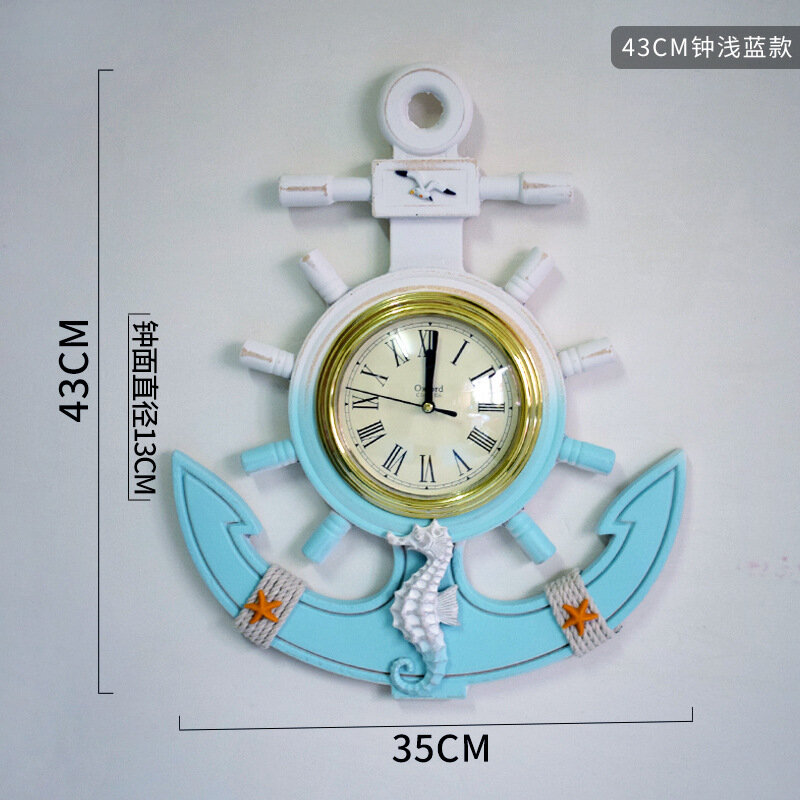 Средиземноморский стиль ретро старый корабельный якорь настенные часы украшение стены кулон деревянный руль креативные бесшумные часы 43 см светло-голубая модель