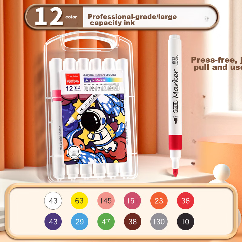 TRUECOLOR 12-Color Large Capacity Acrylic Markers, Single-Tip Non-Translucent Stackable, for Students' Art, Children's Doodling, Hand-Drawn Guka Drawing Pens, Holiday Gift 604