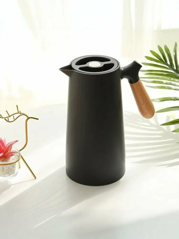 Термос-чайник, со стеклянной колбой и деревянной ручкой, черный, 1л