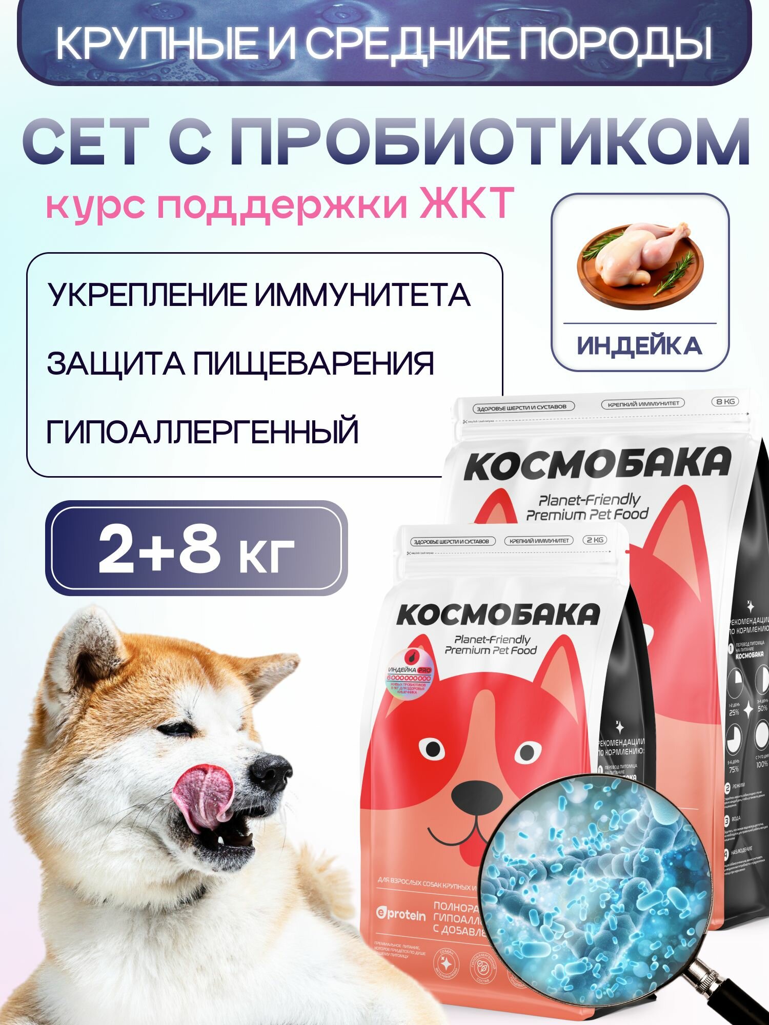 Корм сухой для собак 10 кг космобака от Cosmopet гипоаллергенный для крупных и средних пород с индейкой с пробиотиком