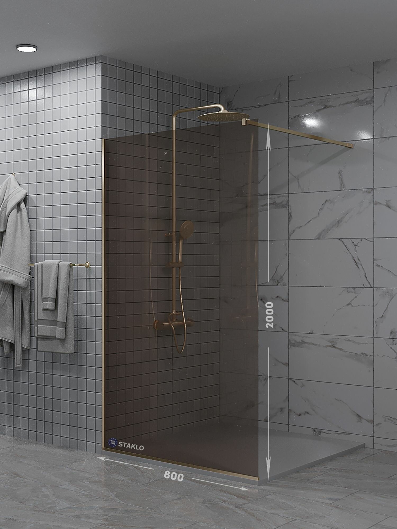 Душевая одиночная перегородка staklo 80x200 из бронзового стекла бронза фурнитура