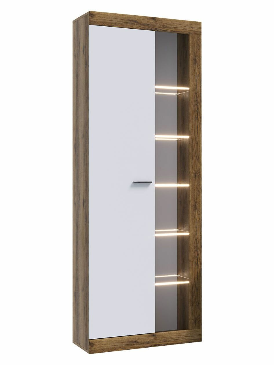 Шкаф-витрина Прага Макси, с полками, с подсветкой, 66.6х37.6х194 см, Дуб Делано / Белый гладкий